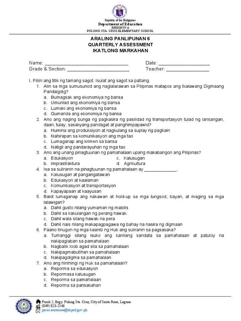 Q3 Quarterly Assessment Test Ap 6 Pdf
