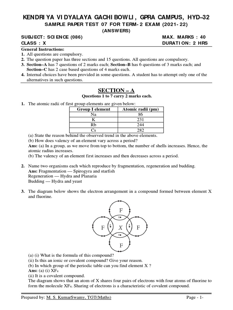 Science Class X Term 2 Sample Paper Test 07 2021 22 Answers | PDF ...