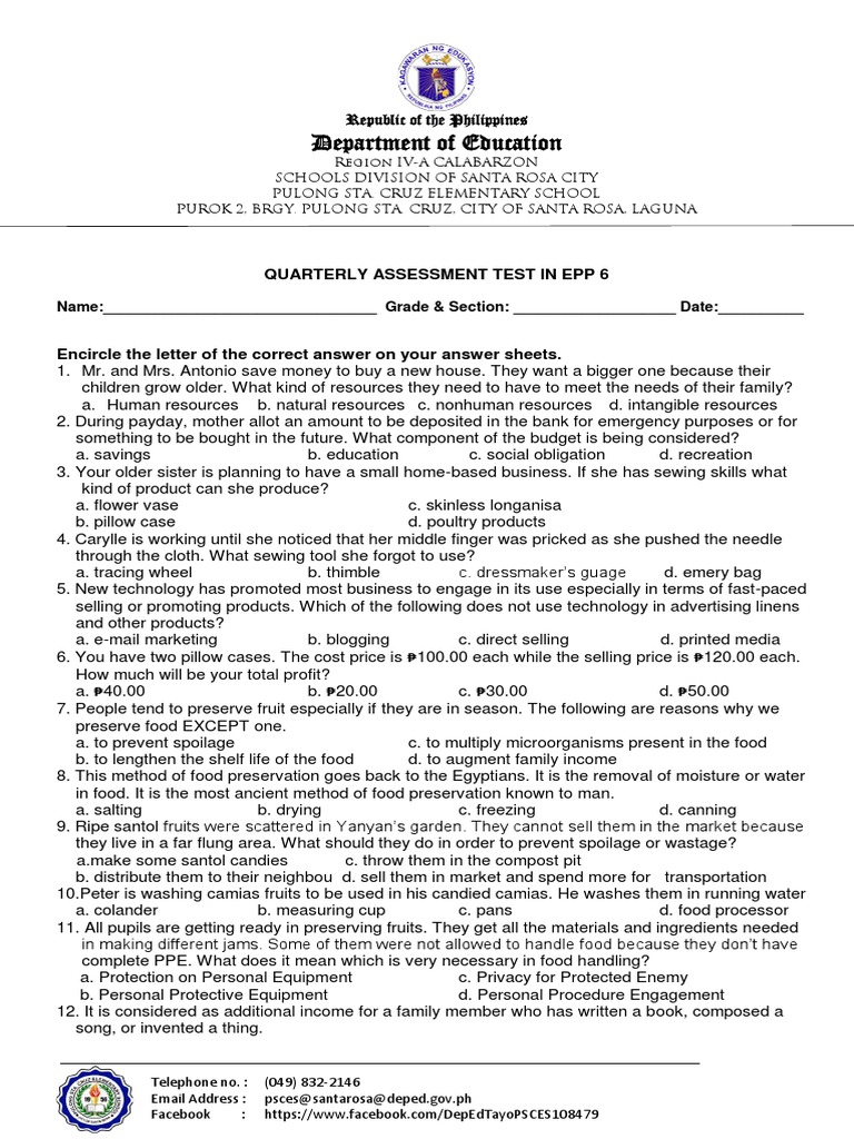 Q3 Quarterly Assessment Test in Epp 6 | PDF | Social Science