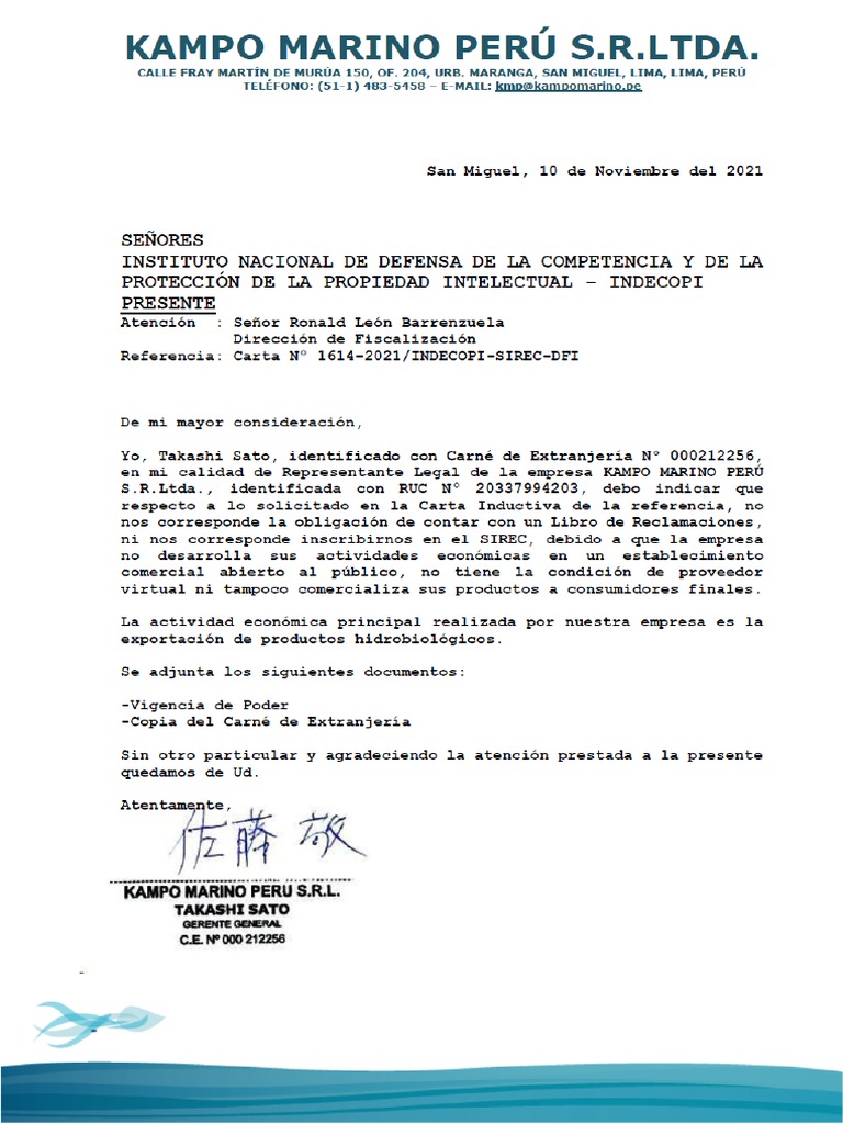 Descargo Carta 1614 2021 Indecopi Sirec Dfi | PDF