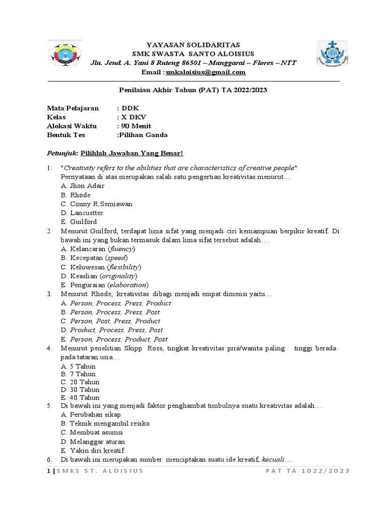 SOAL PAT DDK Kelas X Semester 22-1 | PDF