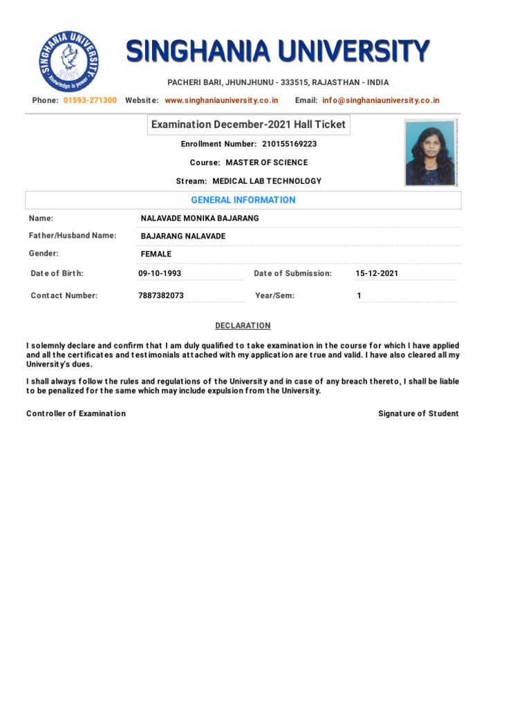 Singhania University - Examination Hall Ticket | PDF