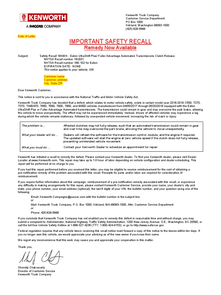 KW X15 US Safety Recall CustLetter - KWUS | PDF | Vehicles | National ...