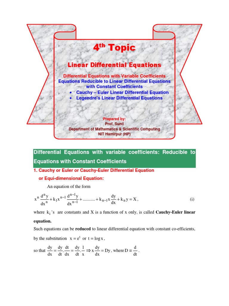 Cauchy-Euler Differential Equations | PDF | Ordinary Differential Equation | Equations