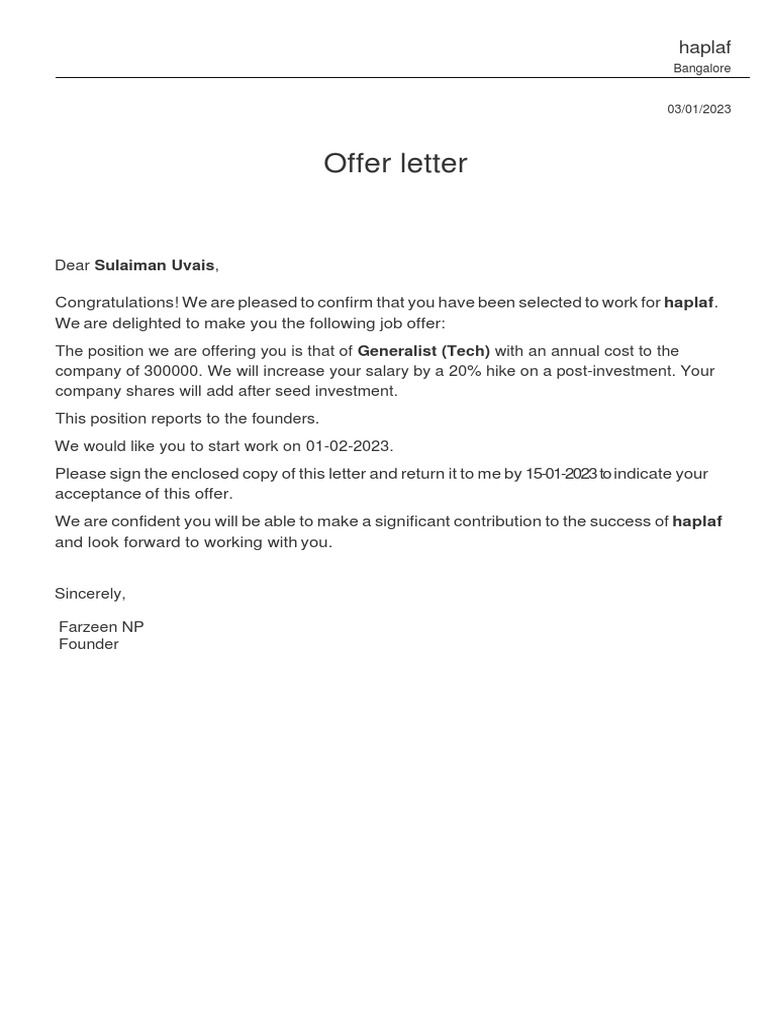 Uvais Offer Letter | PDF | Salary | Confidentiality