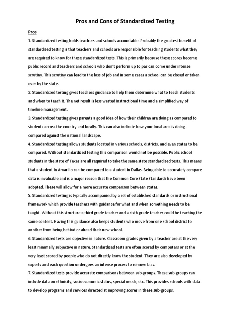 Pros and Cons of Standardized Testing | PDF | Standardized Tests | Teachers