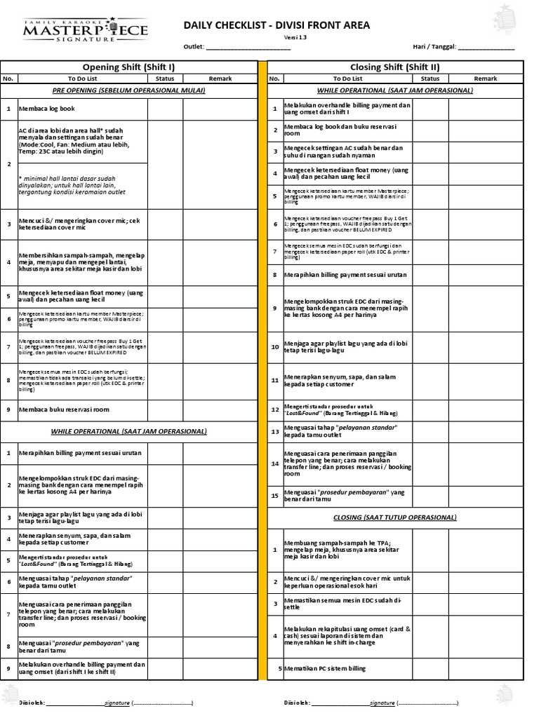 Contoh CheckList Seluruh Divisi Versi 1.5 (Mp Signature) | PDF