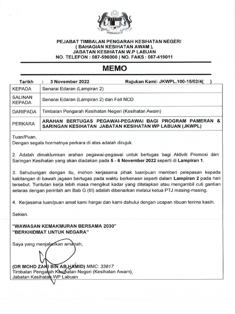 Memo Arahan Bertugas (5-6 November 2022) | PDF