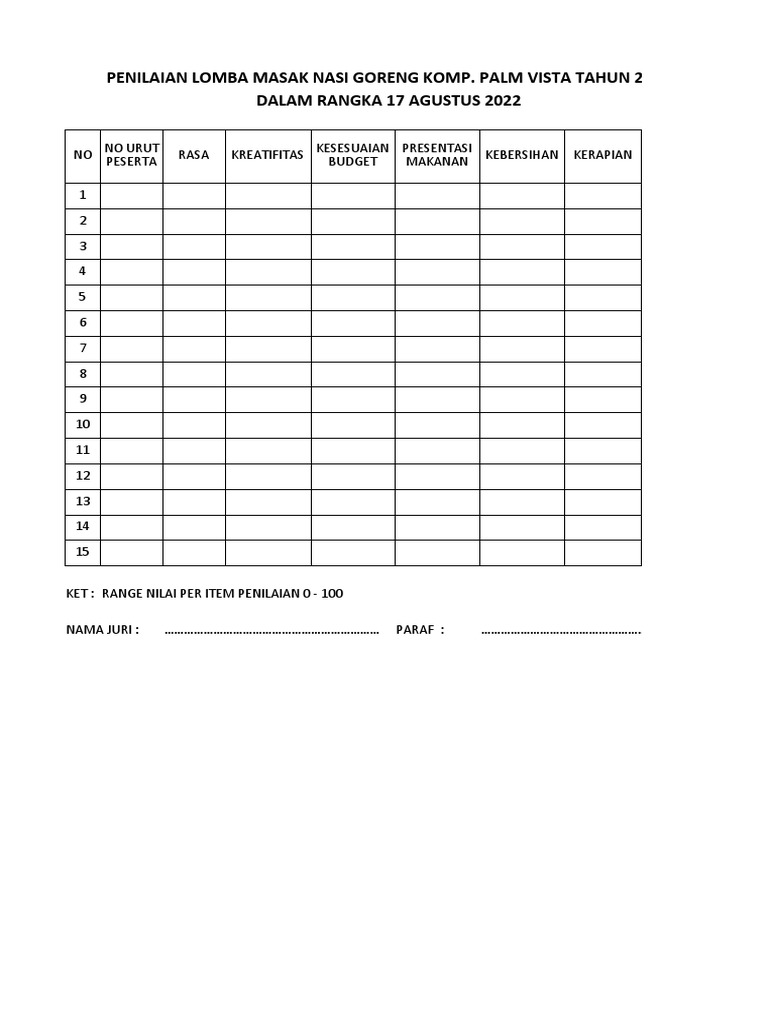 Form Penilaian Lomba Masak | PDF