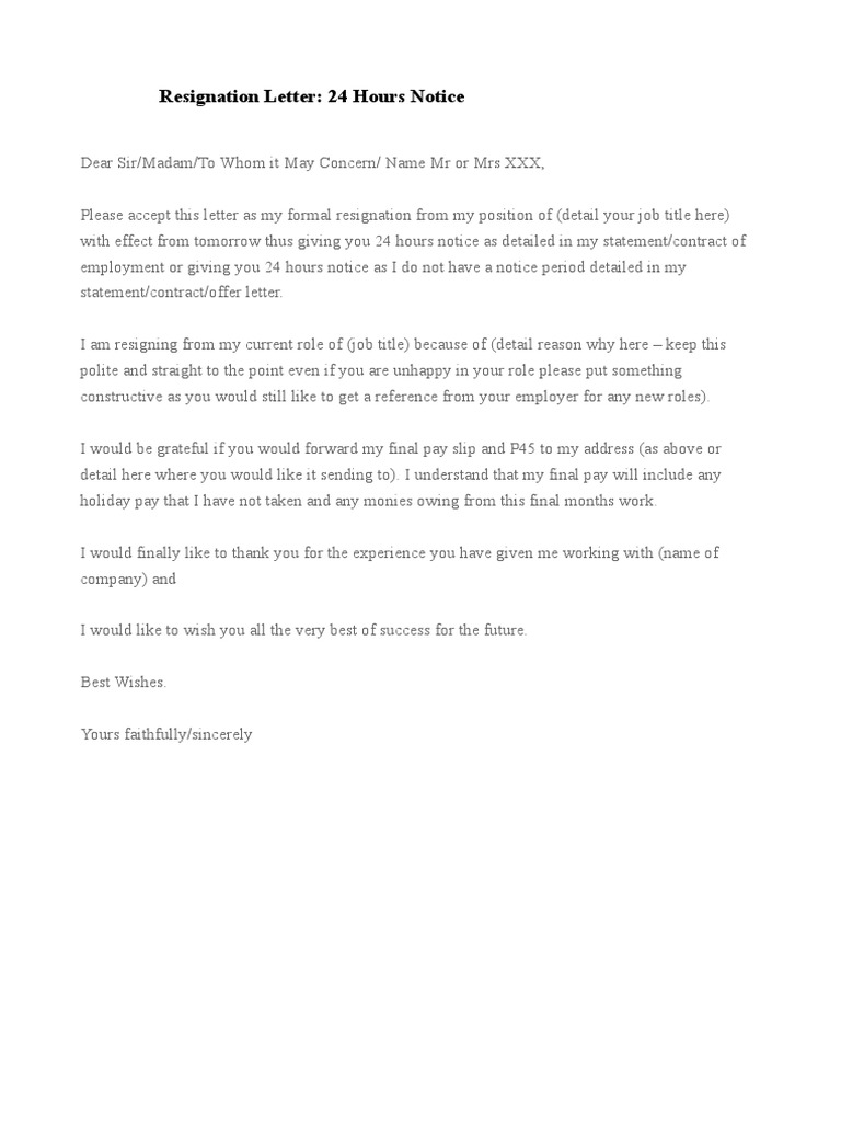 24 Hours Notice Resignation Letter Sample Template | PDF