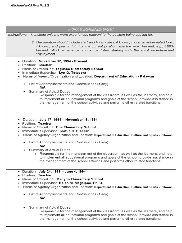 1621515438CS Form No. 212 Work Experience Sheet Blank Form | PDF ...