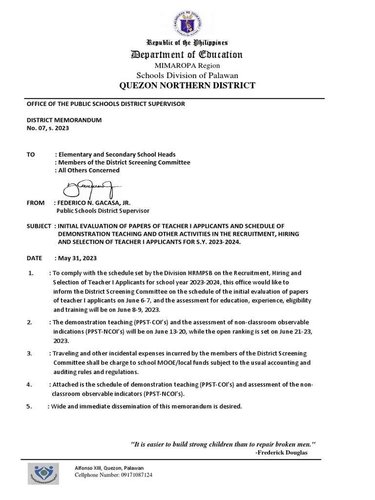 District Memo No. 07 S 2023 Evaluation of Documents of T1 Applicants | PDF