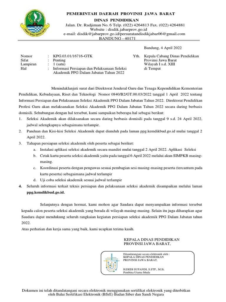 (TTE KADISDIK) (GTK) Surat Informasi Seleksi Akademik 2022 - Sign ... (TTE KADISDIK) (GTK) Surat Informasi Seleksi Akademik 2022 - Sign ...