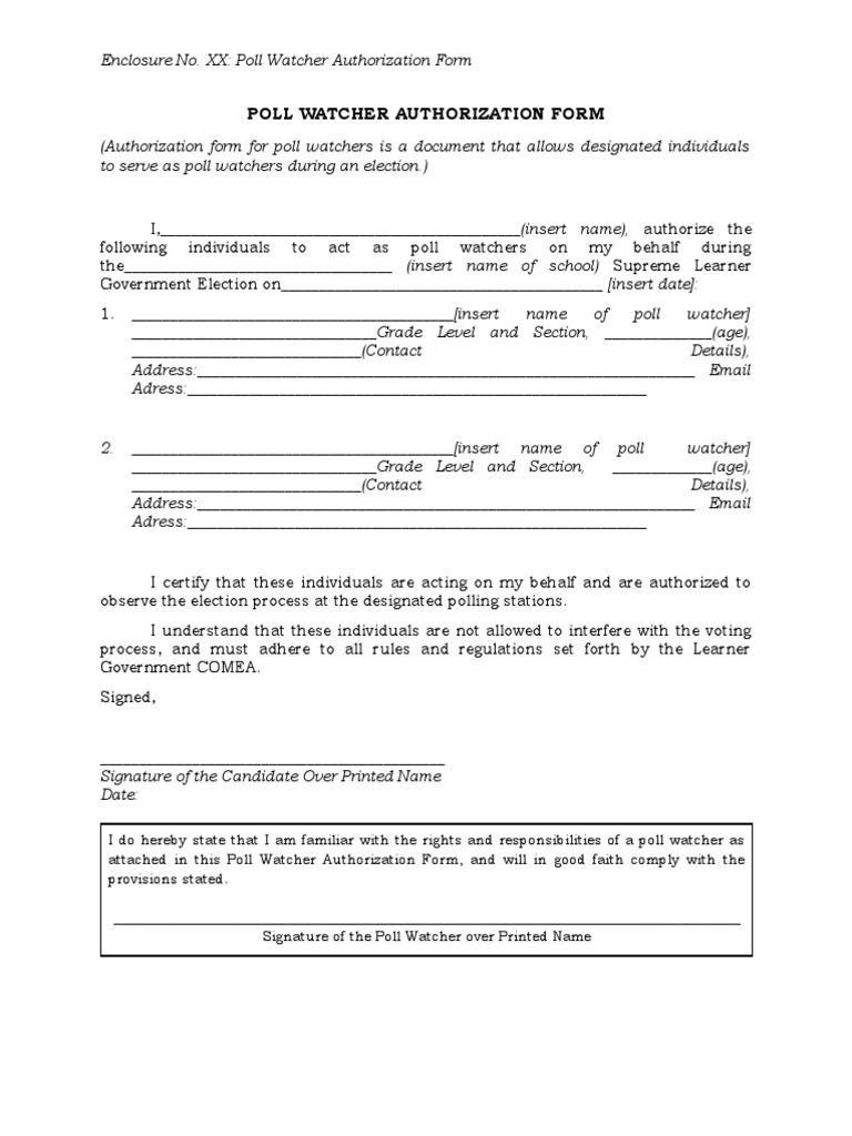 Enc.9 - Poll Watcher Authorization Form | PDF | Elections | Voting