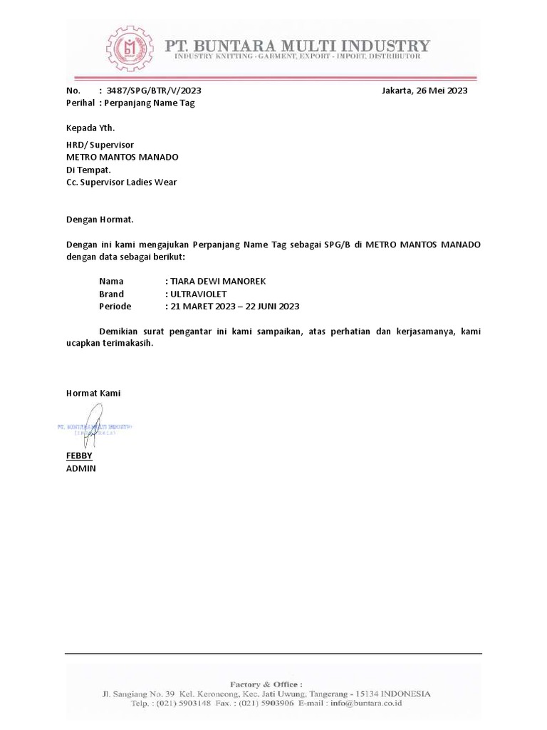 Surat Perpanjangan Name Tag - Tiara Dewi Manorek - Metro Mantos UV ...