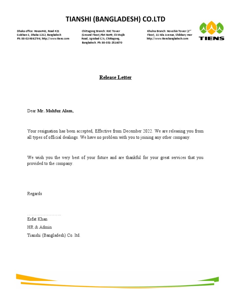 Job Release Letter from Tianshi Ltd. | PDF | Business | Art