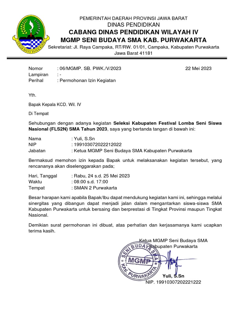 Surat Permohonan Izin Kegiatan Seleksi FLS2N | PDF