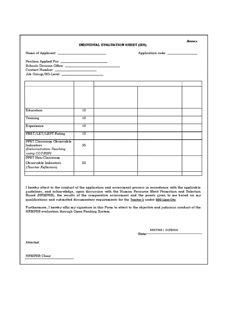 Annex G-1 - Individual Evaluation Sheet (IES) - Teacher I TIN | PDF