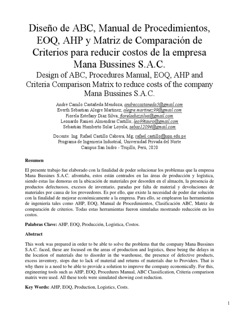 Modelo Diseño Capstone Project Mana Business | PDF