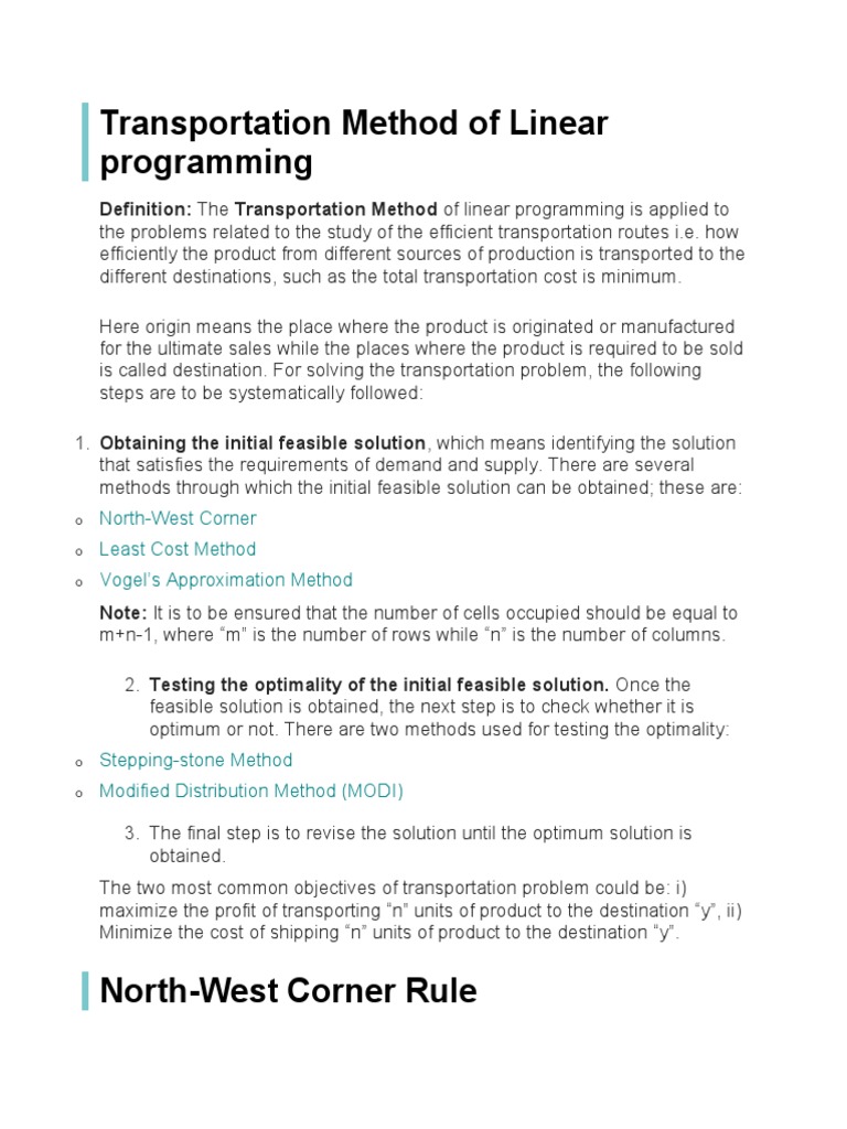 Transportation Method Of Linear Programming Pdf Mathematical Optimization Linear Programming