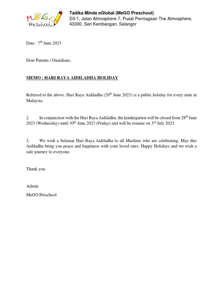 Memo Hari Raya Aidiladha-Preschool (7.6.2023) | PDF | Career & Growth ...