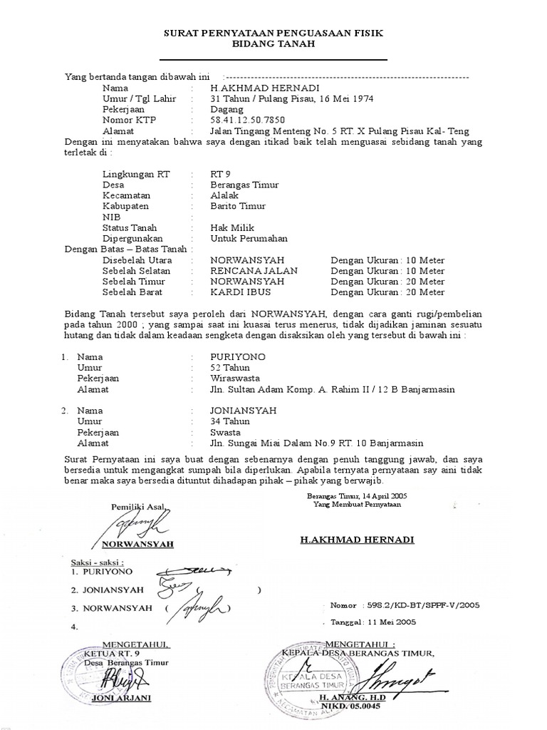 Surat Pernyataan Penguasaan Fisik | PDF