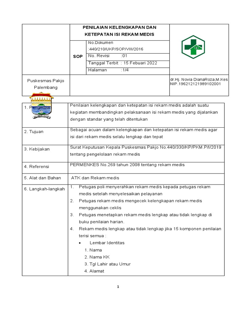 Sop Penilaian Kelengkapan Dan Ketepatan Isi Rekam Medis Revisi 2022 | PDF