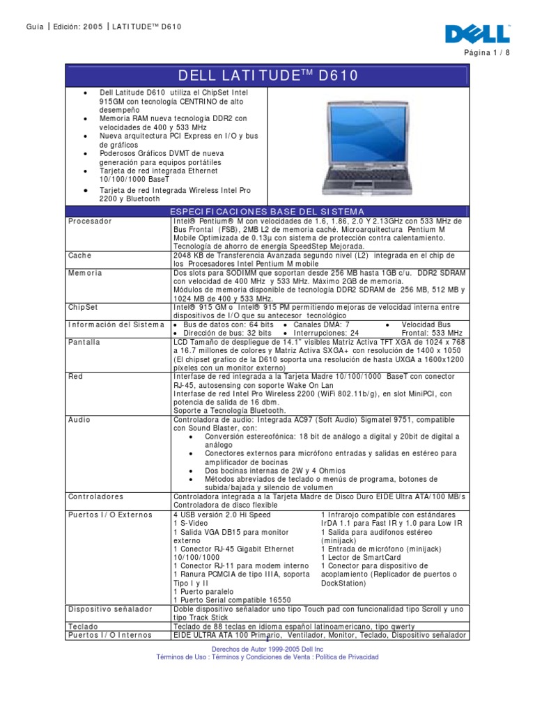 Especificaciones Laptop Dell Laltitude d610 | PDF | Dell | Windows XP