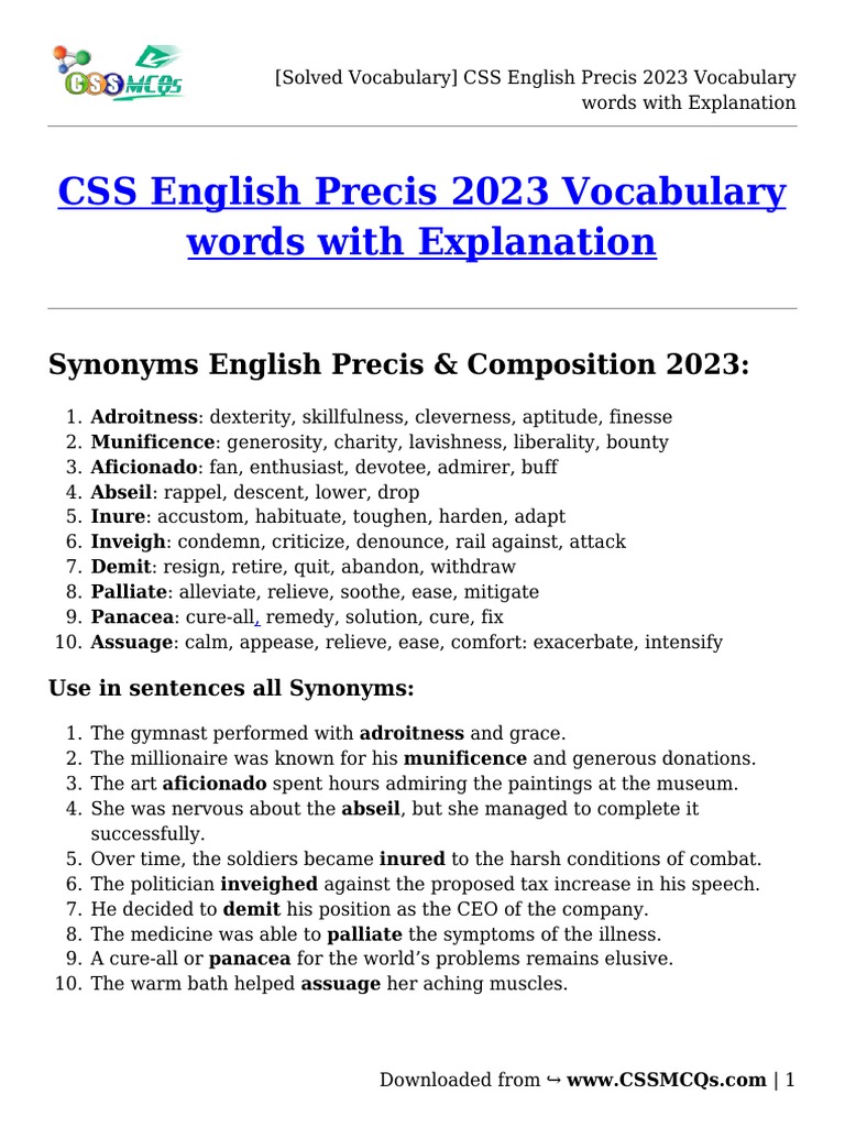 [Solved Vocabulary] CSS English Precis 2023 Vocabulary words with Explanation | PDF