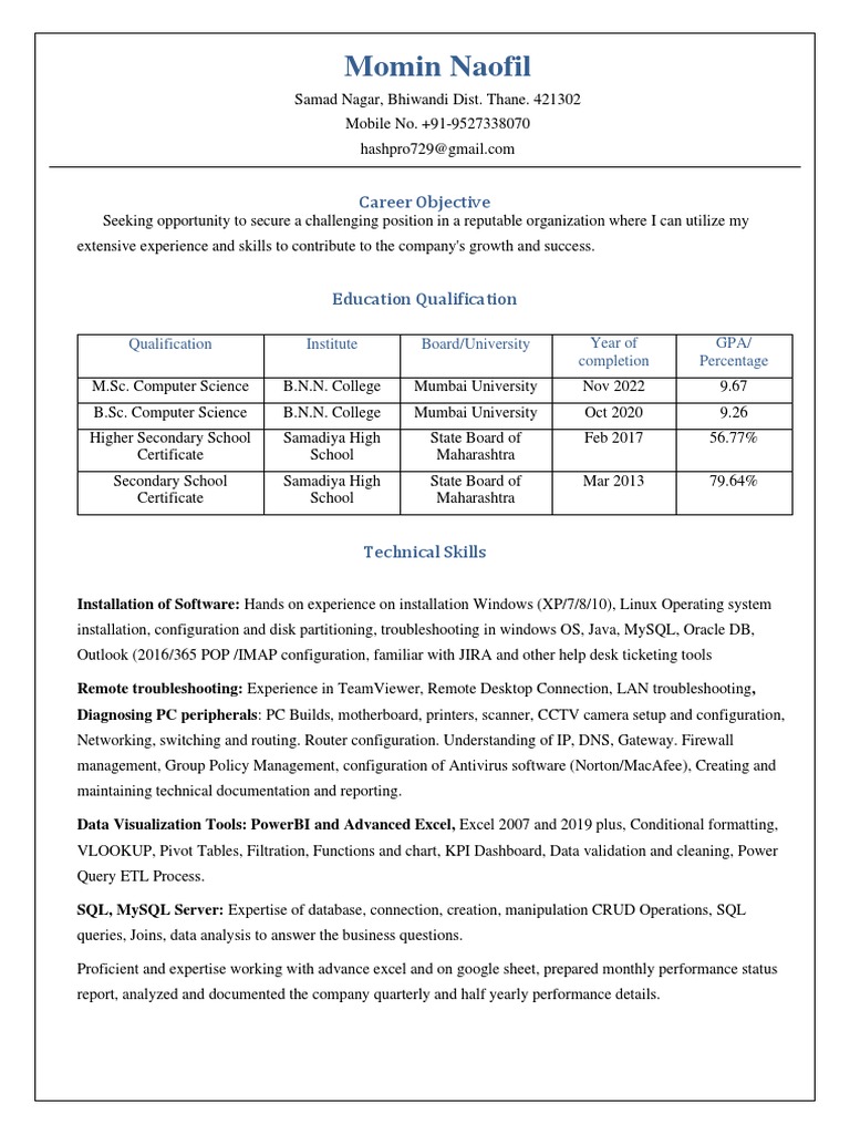 Momin Naofil Resume | PDF | Computer Network | Router (Computing)