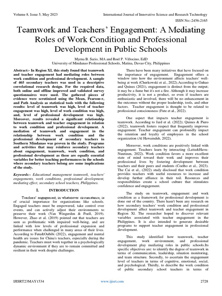Teamwork and Teachers' Engagement: A Mediating Roles of Work Condition and Professional ...