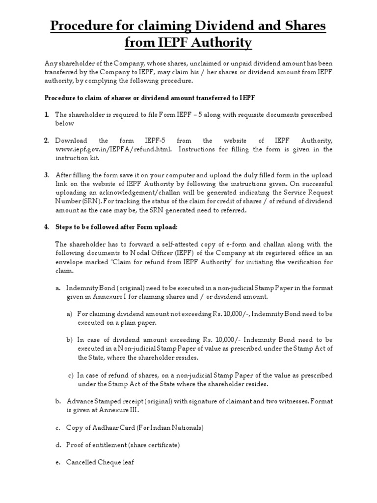 Procedure Claiming Dividend Shares From IEPF Authority | PDF | Dividend | Business