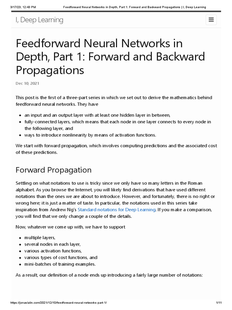 Feedforward Neural Networks in Depth, Part 1 - Forward and Backward Propagations - I, Deep ...
