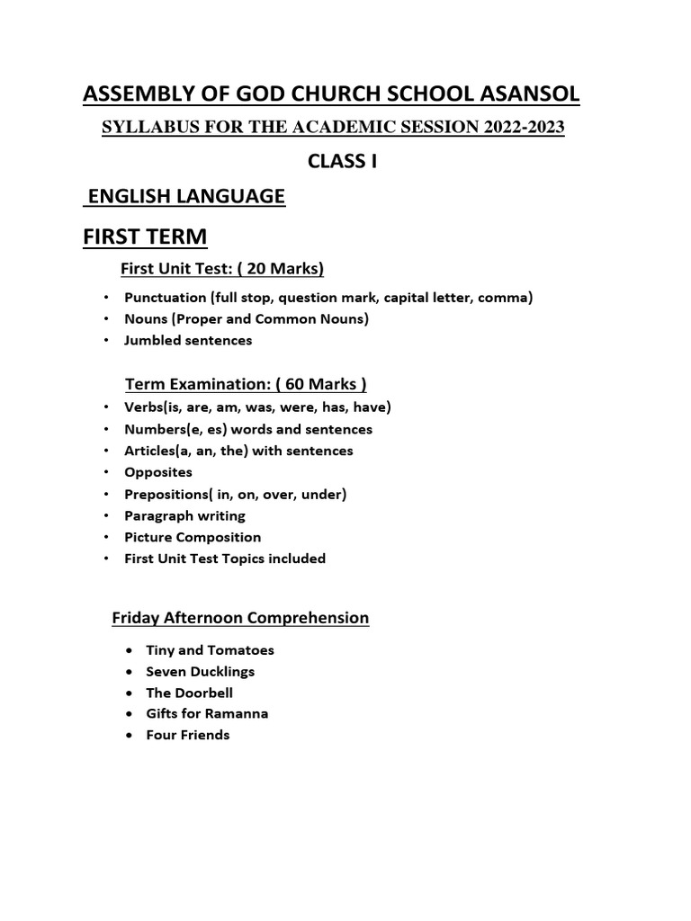 Class 1 Syllabus 2022 - 2023 (AG Church School - 220824 - 212316 | PDF