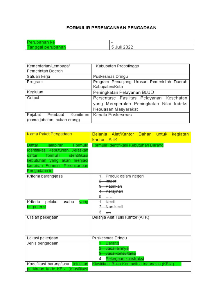 Formulir Perencanaan Pengadaan Puskesmas Pdf