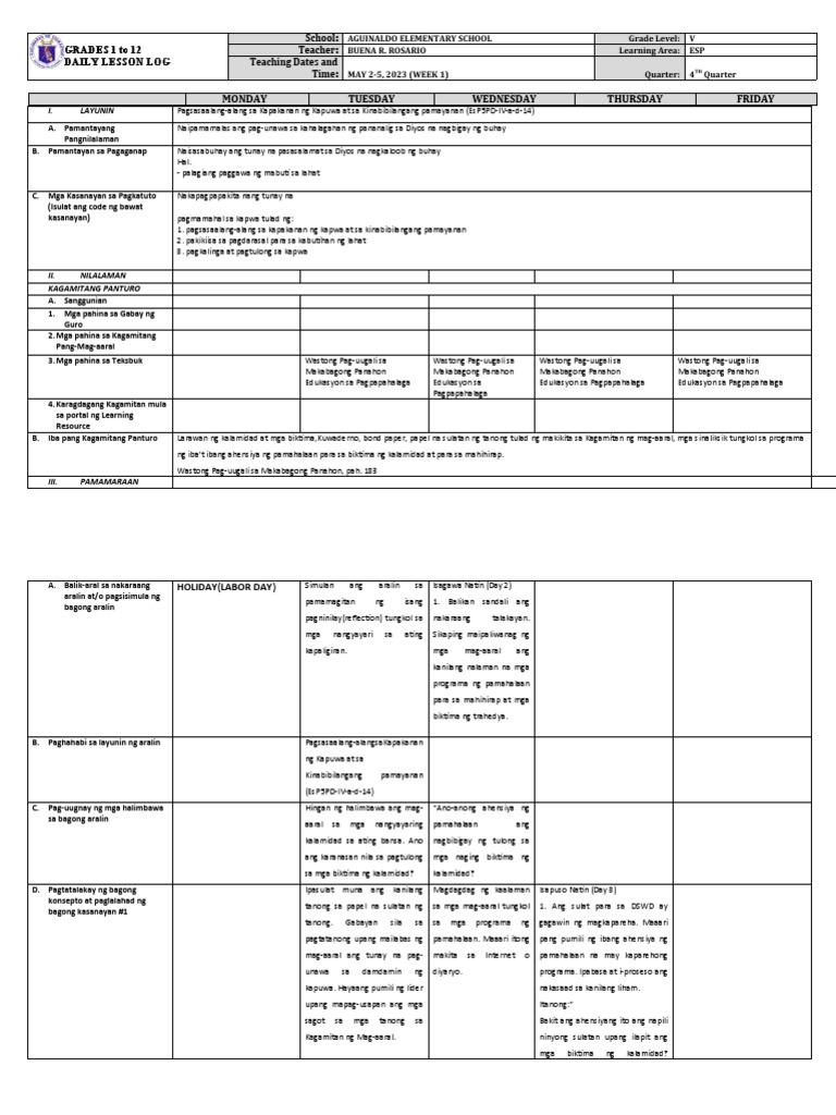 Grade 5 DLL Esp 5 q4 Week 1 | PDF
