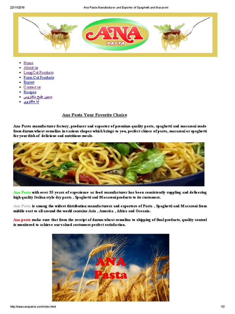 Ana Pasta Manufacturer and Exporter of Spaghetti and Macaroni | PDF