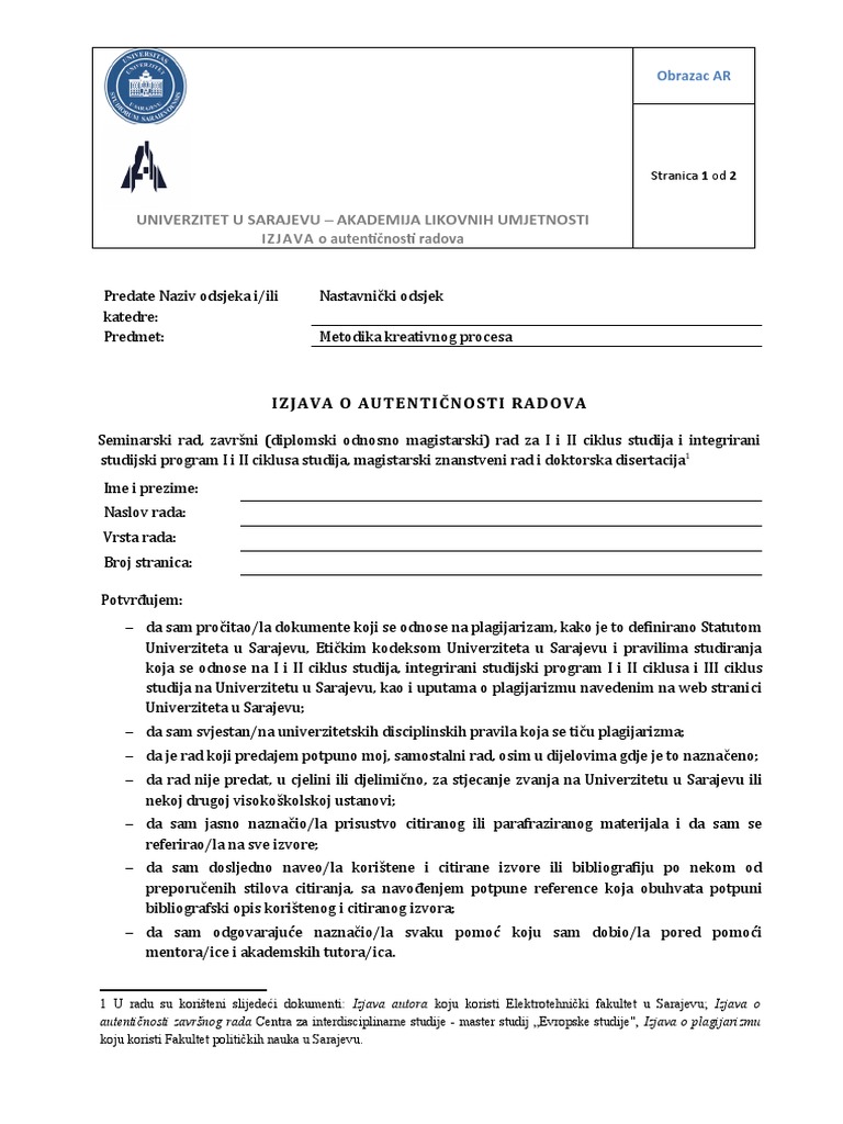 Obrazac - Izjava o Autenticnosti Radova - Metodika Kreativnog Procesa | PDF