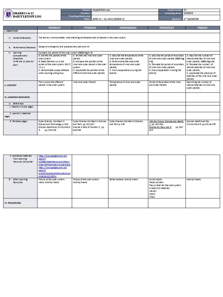 DLL - Science 6 - Q4 - W7 | PDF