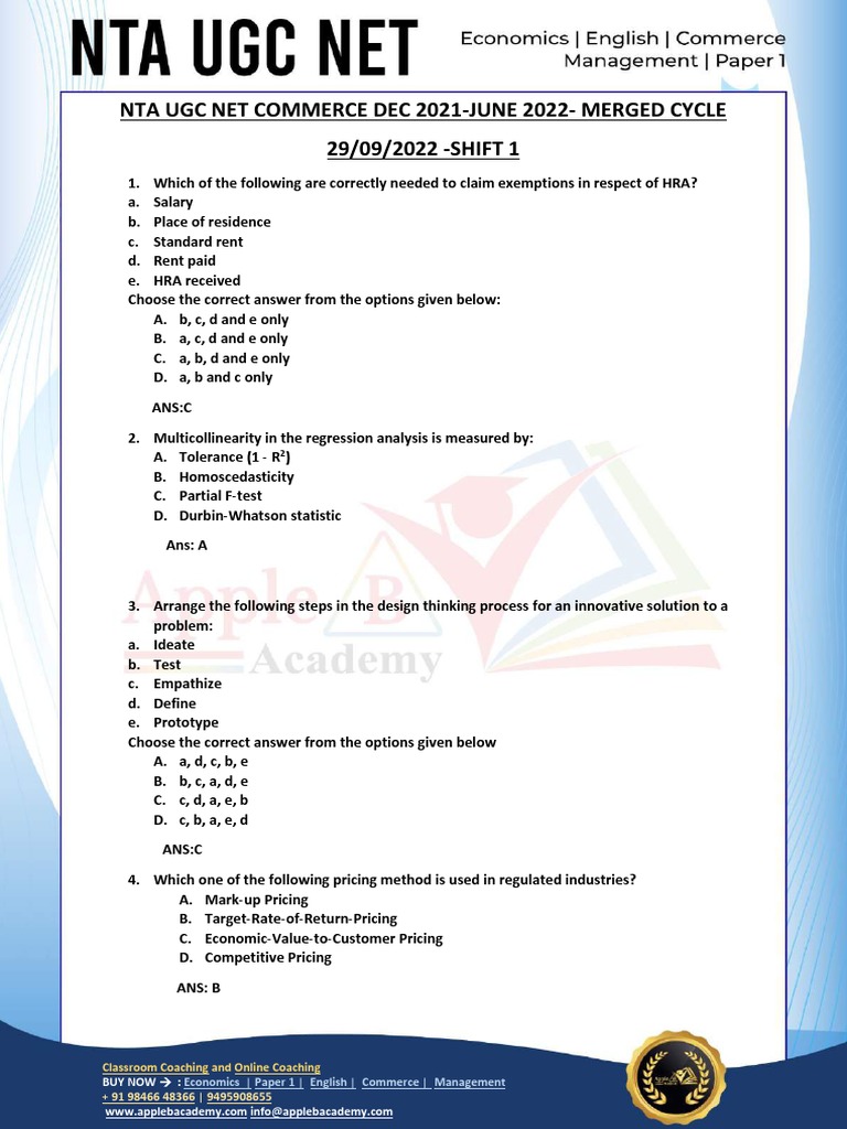 NTA UGC NET COMMERCE DEC 2021 JUNE 2022 MERGED CYCLE 29 Sept 2022 SHIFT ...