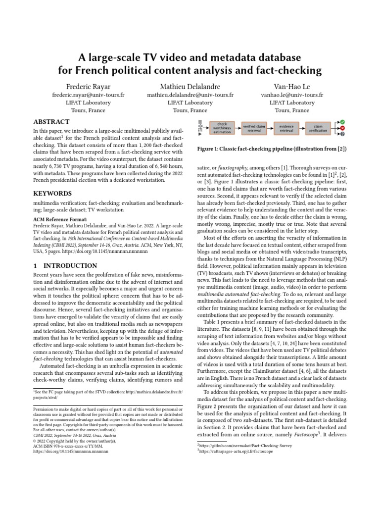 A Large-Scale TV Video and Metadata Database For French Political Content Analysis and Fact ...