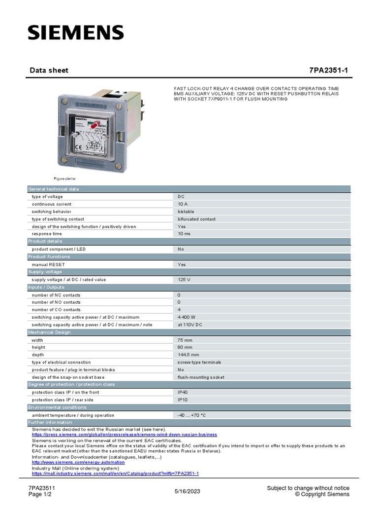 7PA23511 Datasheet en | Download Free PDF | Switch | Relay