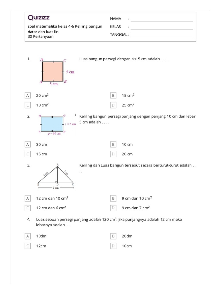 Soal Matematika Kelas 4-6 Keliling Bangun Datar Dan Luas Lin | PDF