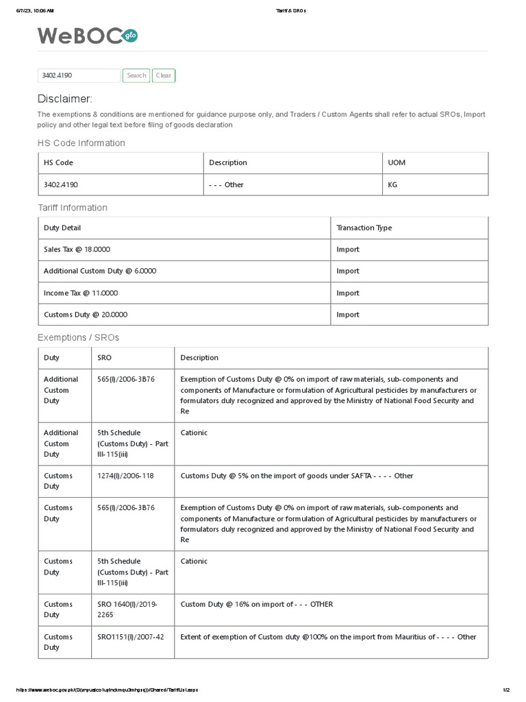 3402.4190 Tariff & SROs | PDF | Tariff | Customs