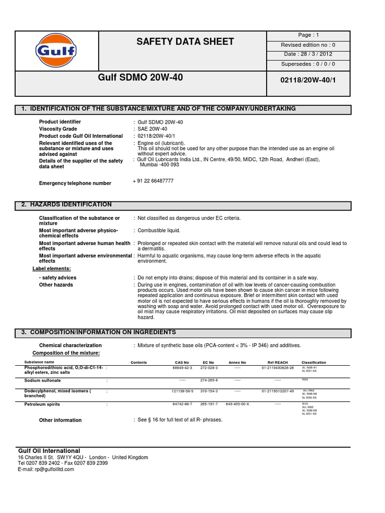 Gulf SDMO 20W-40 | PDF | Firefighting | Toxicity