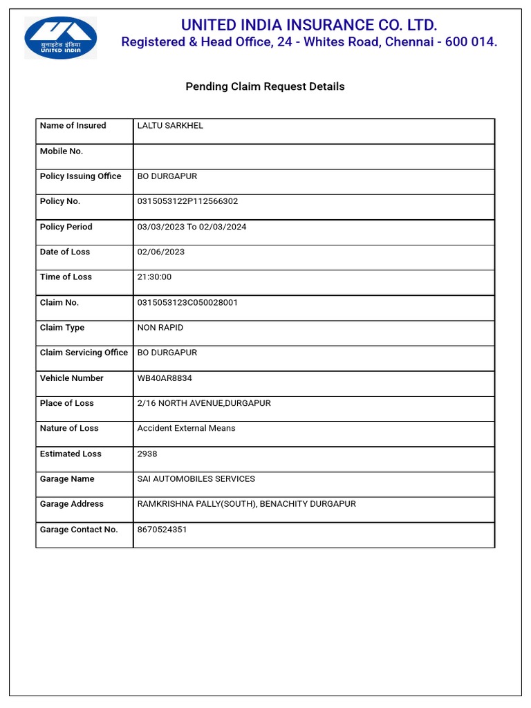 Pending Insurance Claim Details for Laltu Sarkhel | PDF