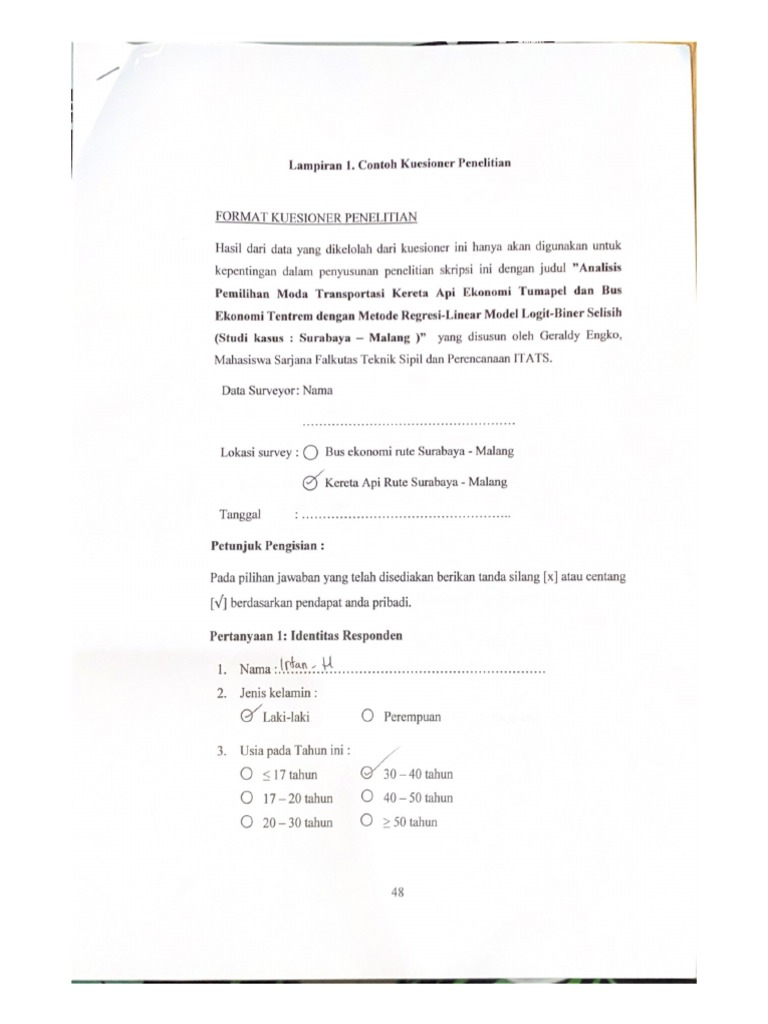 Lampiran 1. Contoh Kuesioner Penelitian | PDF