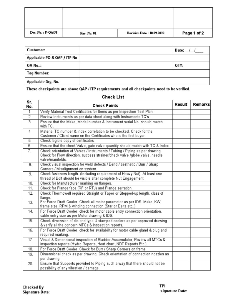 API System Inspection Checklist | PDF