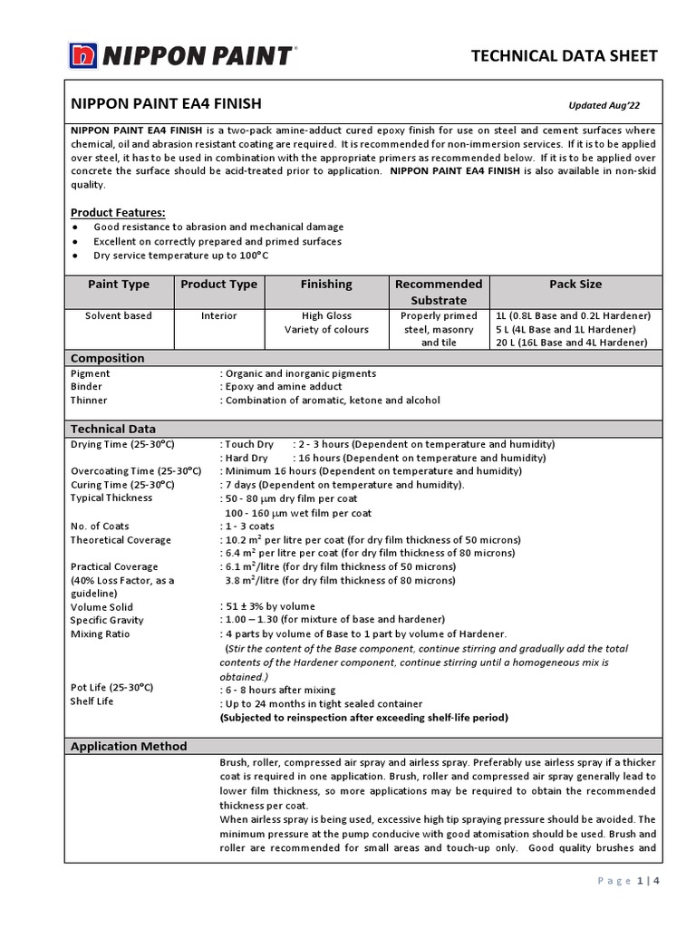 Nippon Paint EA4 Finish Technical Data Sheet | PDF