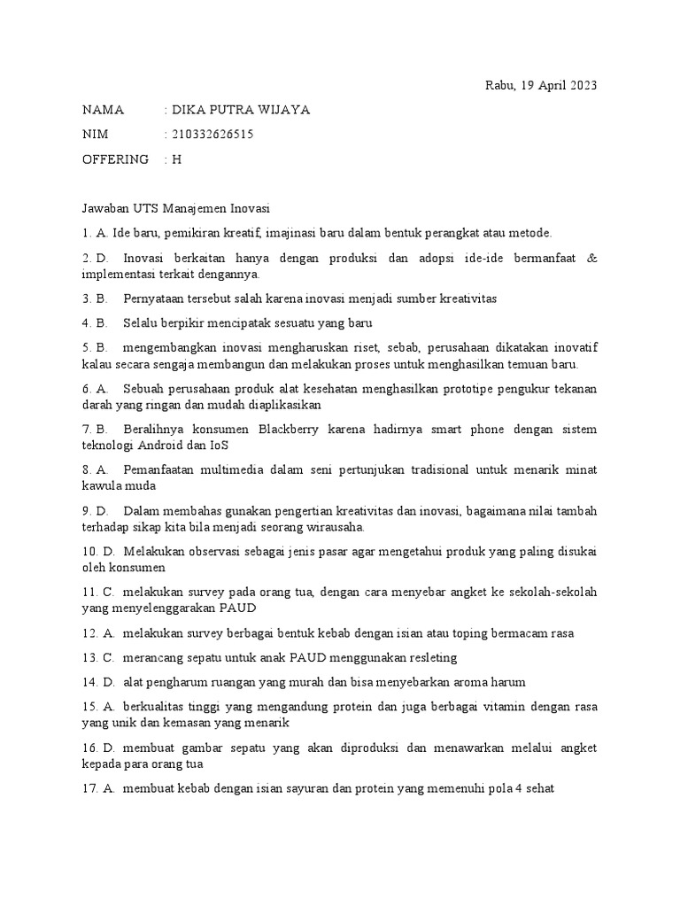 Jawaban UTS Manajemen Inovasi | PDF